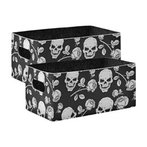 vbadag home storage baskets for organizing, black white roses and skulls 2 pcs collapsible storage bins for shelves, home decorative felt storage bin for playroom living room