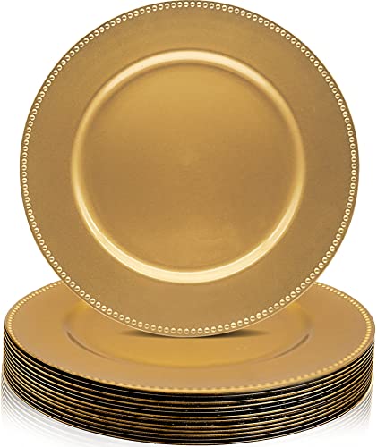 Cezoyx 12 Pack Gold Charger Plates with Beaded, 13 Inch Round Charger for Dinner Plate - Plastic Decor Charger Plate for Wedding, Party, Restaurant, Thanksgiving, Family Gathering