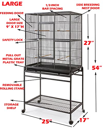 54" Pet Products Large Wrought Iron Breeding Bird Flight Cage Side Nesting Doors with Removable Rolling Stand