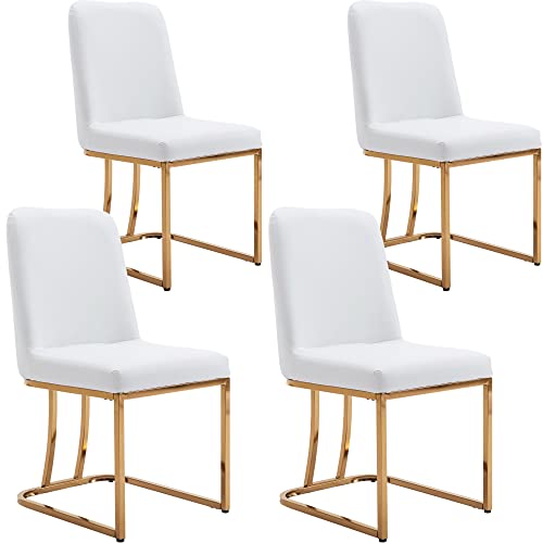 Wahson Set of 4 Faux Leather Upholstered Dining Room Chairs, Classic Modern Fabric Chair for Dining Room, with Golden Metal Frame, White