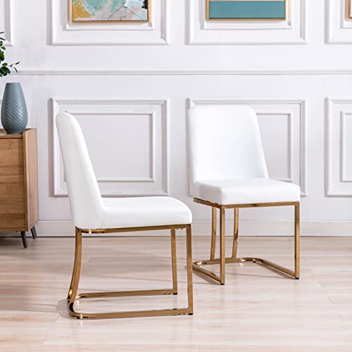 Wahson Set of 4 Faux Leather Upholstered Dining Room Chairs, Classic Modern Fabric Chair for Dining Room, with Golden Metal Frame, White