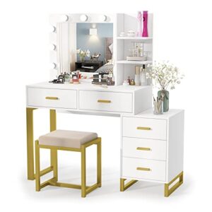 PAKASEPT Vanity Set with Lighted Mirror, Large Desk Makeup Dressing Table 9 LED Lights, 5 Drawers, Storage Shelves&Cushioned Stool for Bedroom, White, 45.51''L * 15.74''W * 51.37 ''H