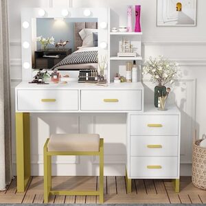 pakasept vanity set with lighted mirror, large desk makeup dressing table 9 led lights, 5 drawers, storage shelves&cushioned stool for bedroom, white, 45.51''l * 15.74''w * 51.37 ''h