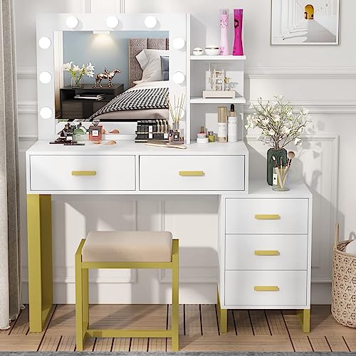 PAKASEPT Vanity Set with Lighted Mirror, Large Desk Makeup Dressing Table 9 LED Lights, 5 Drawers, Storage Shelves&Cushioned Stool for Bedroom, White, 45.51''L * 15.74''W * 51.37 ''H