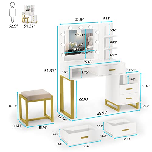 PAKASEPT Vanity Set with Lighted Mirror, Large Desk Makeup Dressing Table 9 LED Lights, 5 Drawers, Storage Shelves&Cushioned Stool for Bedroom, White, 45.51''L * 15.74''W * 51.37 ''H