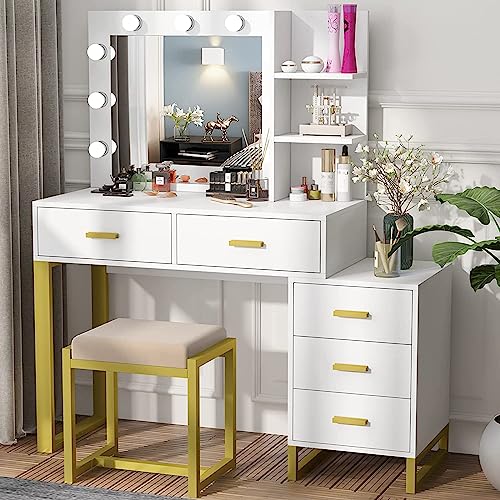 PAKASEPT Vanity Set with Lighted Mirror, Large Desk Makeup Dressing Table 9 LED Lights, 5 Drawers, Storage Shelves&Cushioned Stool for Bedroom, White, 45.51''L * 15.74''W * 51.37 ''H