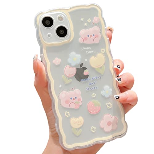 SZXYCZL Compatible with iPhone 13 Case Cute Cartoon Floral Strawberry Bear Design for Women Girls Aesthetic Kawaii Slim Soft TPU Transparent Cover for iPhone 13 6.1 inch-Yellow