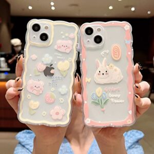 SZXYCZL Compatible with iPhone 13 Case Cute Cartoon Floral Strawberry Bear Design for Women Girls Aesthetic Kawaii Slim Soft TPU Transparent Cover for iPhone 13 6.1 inch-Yellow