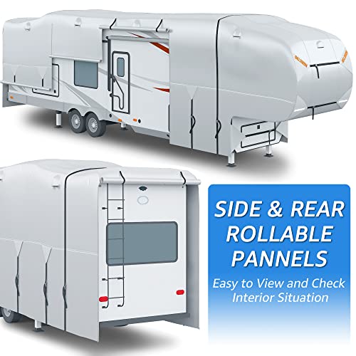 SELIMON 300D Top 5th Wheel RV Cover Rip-Resistent & Waterproof Winter Camper Cover with Anti-UV Silver Coating Fits 29' to 33' Toy Hauler