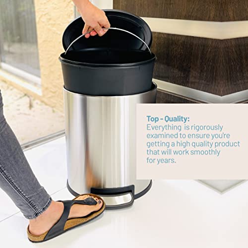 AWENN - Kitchen Garbage Trash Can with Lid and Pedal - Touchless Round Shape Waste Bin - Stainless Steel Dustbin with Removable Inner Bucket for and Outdoors – Gray (3.2 Gallon – 12 Liters)