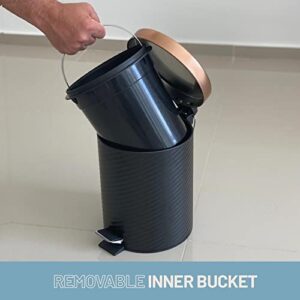 AWENN - Stainless Steel Trash Can with Plastic Inner Bucket, Pedal and Lid. Dustbin for Kitchen, Bathroom, and Office. Black and Bronze (1.3 Gallons - 5 Liters)