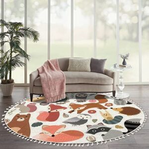 dnewynpabv round rugs woodland animals cute forest design elements boho area rug linen and cotton carpet meditation rug washable hallway runner mat accent rug for bedroom bathroom 6ft