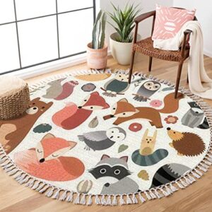 DNEWYNPABV Round Rugs Woodland Animals Cute Forest Design Elements Boho Area Rug Linen and Cotton Carpet Meditation Rug Washable Hallway Runner Mat Accent Rug for Bedroom Bathroom 6ft