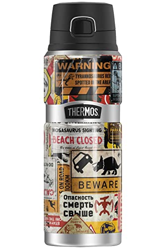 Jurassic World Dominion OFFICIAL Jurassic Sign Collage THERMOS STAINLESS KING Stainless Steel Drink Bottle, Vacuum insulated & Double Wall, 24oz