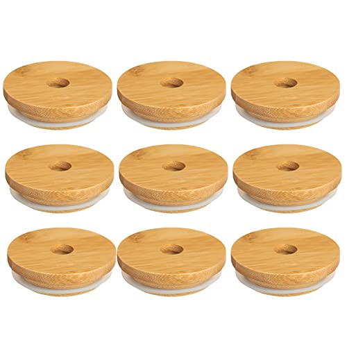 Mason Jar Lids with Straw, 9 Pcs Reusable Regular Mouth Bamboo Mason Jar Lids (86mm)