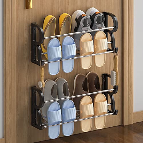 Rackii Over the Door Shoe Organizer, 2-Pack Wall Mounted Shoe Rack Organizer,Door Shoe Rack Organizer with Sticky Hanging Mounts,Shoes Holder Storage Organizer Shelf with Storage Hooks-No Drilling