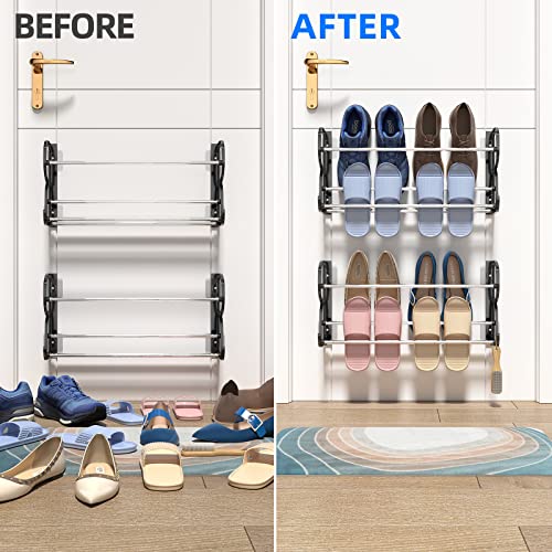 Rackii Over the Door Shoe Organizer, 2-Pack Wall Mounted Shoe Rack Organizer,Door Shoe Rack Organizer with Sticky Hanging Mounts,Shoes Holder Storage Organizer Shelf with Storage Hooks-No Drilling