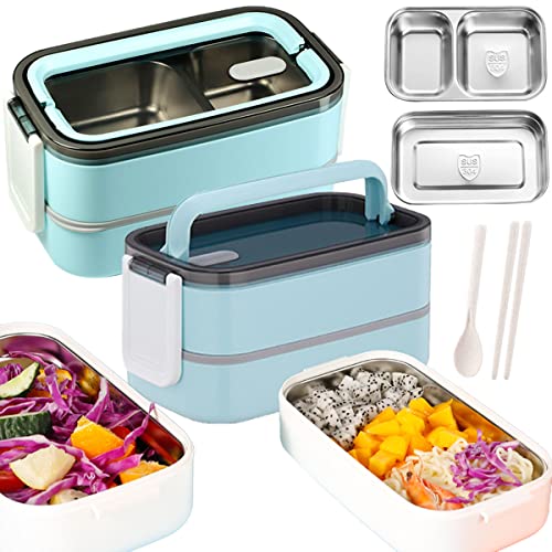 COMUSTER Premium Lunch Box,304 Stainless Steel Liner, 2 Compartments,Leak Proof,with Handle,Cutlery Divider,Microwave and Dishwasher Safe,BPA Free .(Light blue)