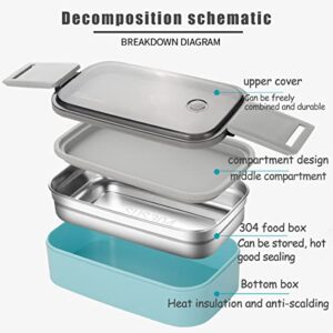 COMUSTER Premium Lunch Box,304 Stainless Steel Liner, 2 Compartments,Leak Proof,with Handle,Cutlery Divider,Microwave and Dishwasher Safe,BPA Free .(Light blue)