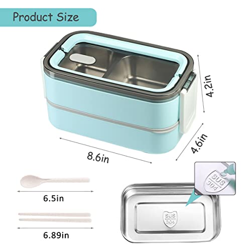 COMUSTER Premium Lunch Box,304 Stainless Steel Liner, 2 Compartments,Leak Proof,with Handle,Cutlery Divider,Microwave and Dishwasher Safe,BPA Free .(Light blue)