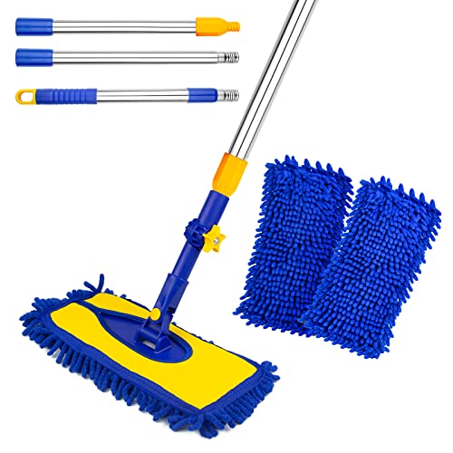 ITTAR Car Wash Brush, 2 Pads Chenille Microfiber Car Wash Mop Kit with 61" Long Handle, Truck Wash Brush Cleaning Tool with Flexible Rotation Head, Car Wash Wand for RV, SUV, Tile Floor(Blue)