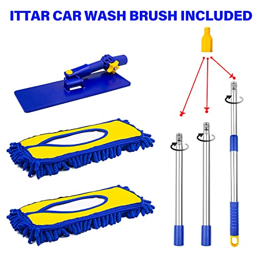 ITTAR Car Wash Brush, 2 Pads Chenille Microfiber Car Wash Mop Kit with 61" Long Handle, Truck Wash Brush Cleaning Tool with Flexible Rotation Head, Car Wash Wand for RV, SUV, Tile Floor(Blue)