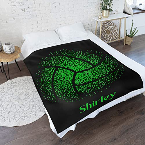 Abstract Particles Volleyball Green Personalized Blanket with Name Soft Cozy Throw Fleece Blankets for Couch Bed Traveling Camping Hiking Birthday Gift 50x60 Inch