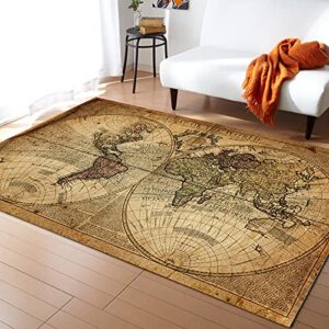 5' x 8' world map area rug,brown paper vintage retro navigating line outdoor indoor washable carpet area+rug for living room,kids/boys/girls bedroom,bathroom,classroom,kitchen,hallway,throw floor mat