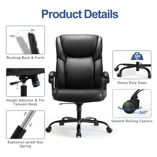 Home Office Desk Chair High Back Adjustable Ergonomic Managerial Rolling Swivel Task Chair Computer PU Leather Executive Chairs with Padded Armrest, Black