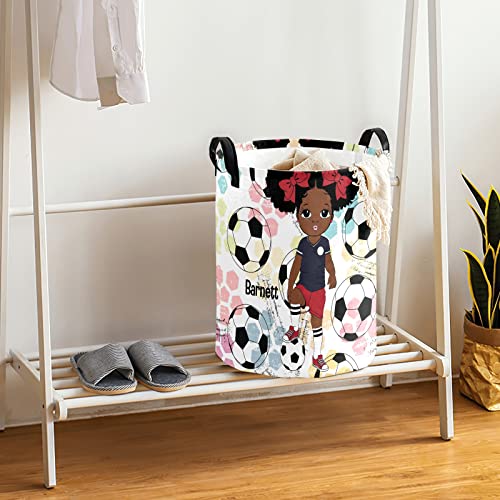 Personalized Laundry Baskets Bin, Afro Sport Black Girl Soccer Laundry Hamper with Handles, Collapsible Waterproof Clothes Hamper, Laundry Bin, Clothes Toys Storage Basket for Bedroom, Bathroom, College Dorm 50L