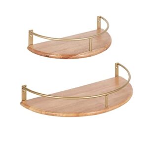 kate and laurel camryn boho half moon wall shelf set, set of 2, natural wood and gold, decorative bohemian half circle shelf for household storage and boho decor