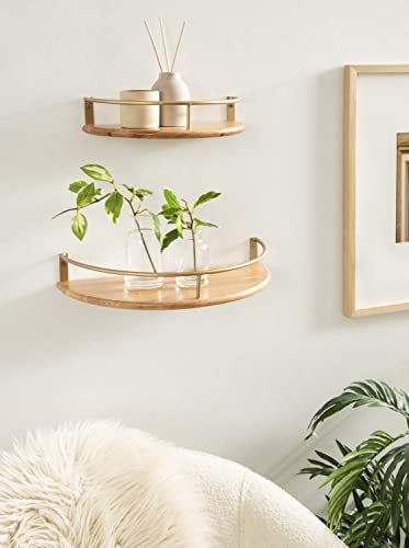 Kate and Laurel Camryn Boho Half Moon Wall Shelf Set, Set of 2, Natural Wood and Gold, Decorative Bohemian Half Circle Shelf for Household Storage and Boho Decor