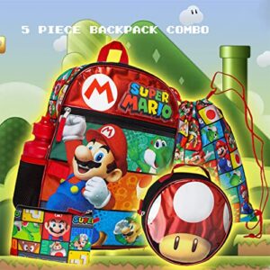 Super Mario Backpack with Detachable Mushroom Lunch Tote 16 Inch 5 Piece Set