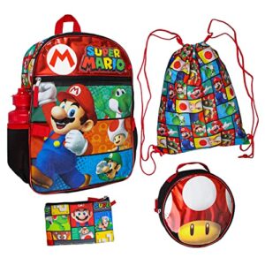 Super Mario Backpack with Detachable Mushroom Lunch Tote 16 Inch 5 Piece Set