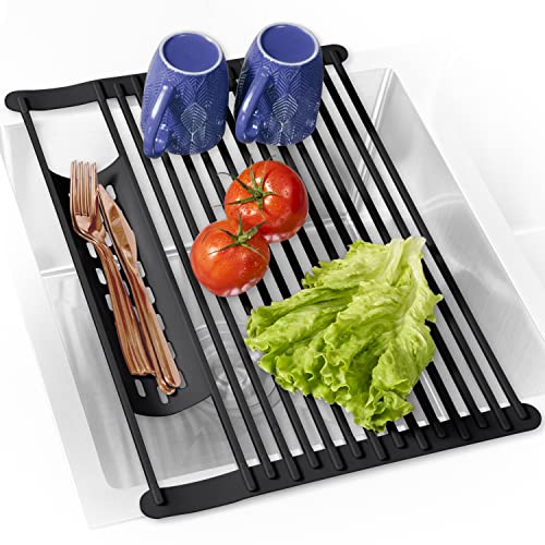 BELLE TERRE Multipurpose Roll-Up Dish Drying Rack - Silicone Wrapped, Heat-Resistant, Anti-Slip - Perfect for Small Kitchen Sink, 17" x 13"