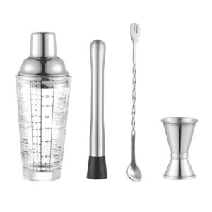 4 Pcs Glass Cocktail Shaker, 14 oz Martini Glass Shaker Cup, with Measuring Jigger Mixing Spoon Muddler,for Kitchens, Bars, Coffee Shops, Hotels, Clubs, Can Make Cocktails, juices ETE.