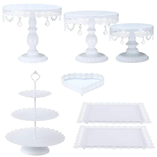 7 Pcs Cake Stands Set,Metal Cupcake Holder Stand Set,Pastry Trays Dessert Towers Plates Display Stand with Crystal Bling Pendants for Baby Shower Wedding Birthday Party Celebration Home Decor