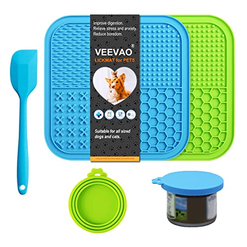 VEEVAO Lick Mat for Dogs, 8"×8" Food-Grade Silicone Dog Lick Mat as Dog & Cat Slow Feeder, 2 PCS Dog Licking Mat with Suction Cups and Can Lids, Relieve Pets Anxiety and Boredom(No Cans Included)…