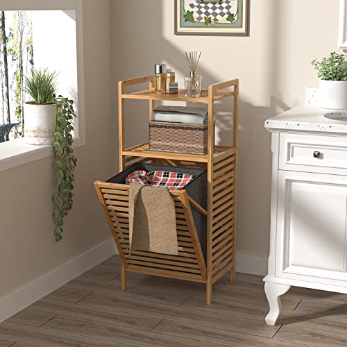 Bamboo Tilt-Out Laundry Hamper Cabinet, Bathroom Storage Cabinet with Basket, Shelves and Handles for Clothes, Bedroom, Bathroom and Closet