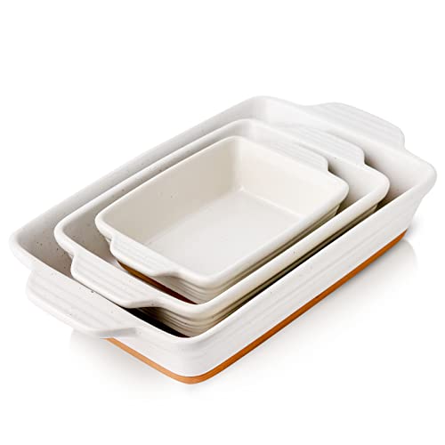 YMASINS Casserole Dishes for Oven, Ceramic Baking Dish Set of 3 Deep Lasagna Pans Large Ceramic Baking Pan with Handles from Oven to Table Rectangular Casserole Dish Set Easy to Clean, White