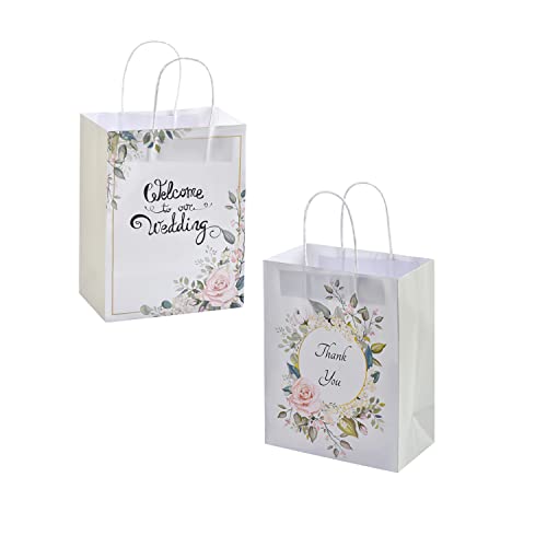 24 Pieces Welcome Bags White Wedding Gift Bags,Floral Design Thank You Gift Bags,“Welcome to Our Wedding”,Wedding Favor Bags, Bridal Party Gift Bags, 6"L x 3.2" W x 8.5"H (Wedding-small size)