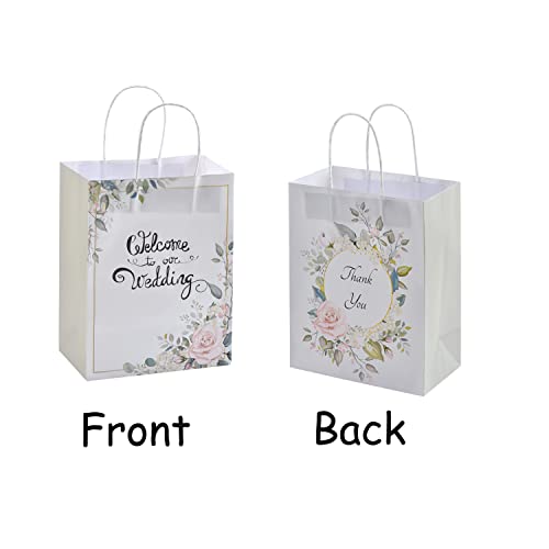 24 Pieces Welcome Bags White Wedding Gift Bags,Floral Design Thank You Gift Bags,“Welcome to Our Wedding”,Wedding Favor Bags, Bridal Party Gift Bags, 6"L x 3.2" W x 8.5"H (Wedding-small size)