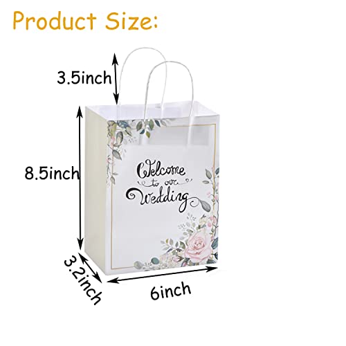 24 Pieces Welcome Bags White Wedding Gift Bags,Floral Design Thank You Gift Bags,“Welcome to Our Wedding”,Wedding Favor Bags, Bridal Party Gift Bags, 6"L x 3.2" W x 8.5"H (Wedding-small size)