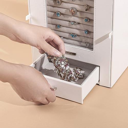 Homde Jewelry Organizer with Transparent Window Necklace Hooks Gift for Women Jewelry Box Display Case for Necklaces Rings Earrings Bracelets and Other Jewelry Accessories (White)