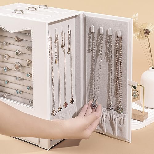 Homde Jewelry Organizer with Transparent Window Necklace Hooks Gift for Women Jewelry Box Display Case for Necklaces Rings Earrings Bracelets and Other Jewelry Accessories (White)