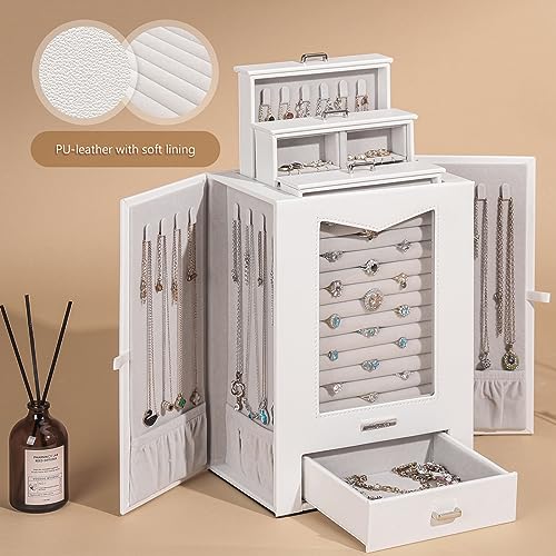 Homde Jewelry Organizer with Transparent Window Necklace Hooks Gift for Women Jewelry Box Display Case for Necklaces Rings Earrings Bracelets and Other Jewelry Accessories (White)