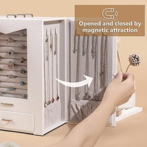 Homde Jewelry Organizer with Transparent Window Necklace Hooks Gift for Women Jewelry Box Display Case for Necklaces Rings Earrings Bracelets and Other Jewelry Accessories (White)