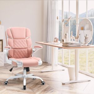 SEATZONE Pink Desk Chair Modern Executive Office Chair with Arms PU Leather Computer Desk Chair for Girls Women