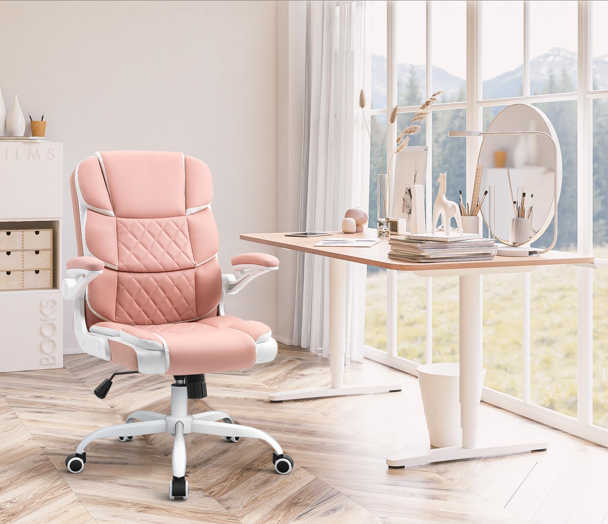 SEATZONE Pink Desk Chair Modern Executive Office Chair with Arms PU Leather Computer Desk Chair for Girls Women