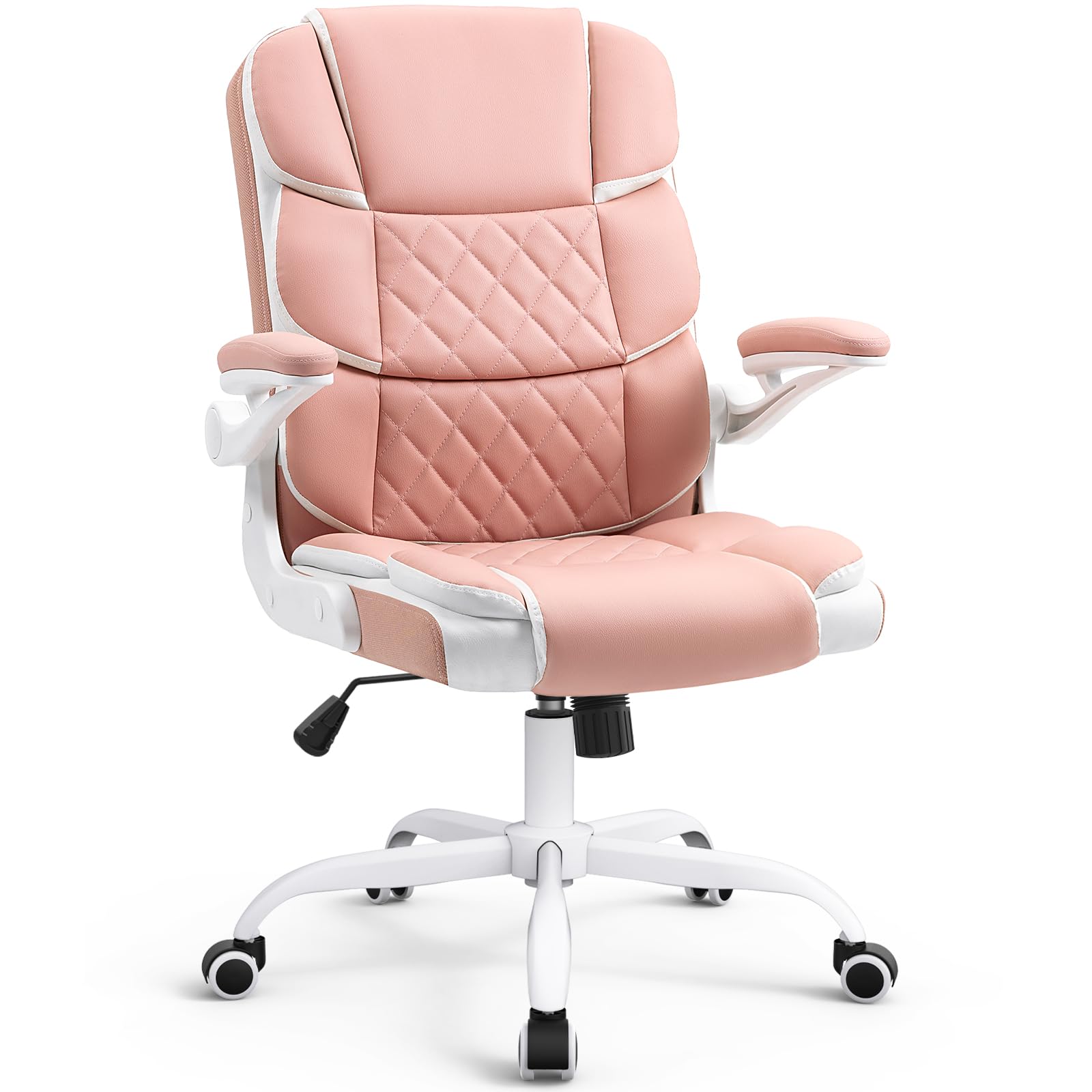 SEATZONE Pink Desk Chair Modern Executive Office Chair with Arms PU Leather Computer Desk Chair for Girls Women